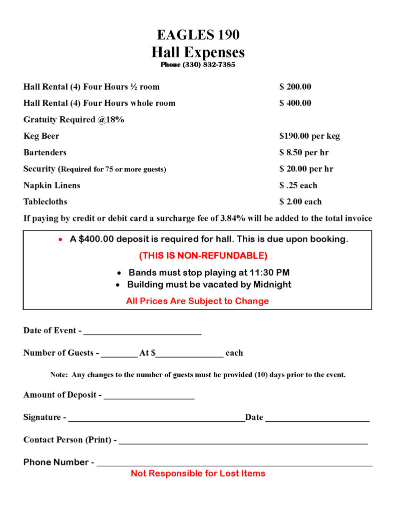 Banquet Menu - Fraternal Order of Eagles #190